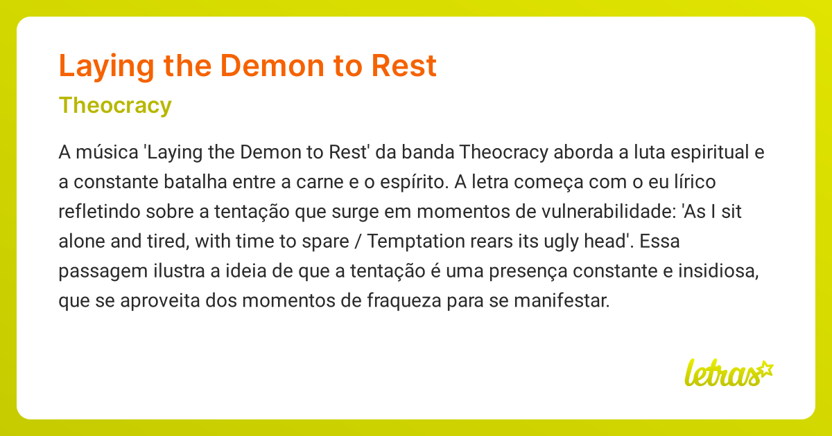 Significado da música LAYING THE DEMON TO REST (Theocracy) - LETRAS.MUS.BR