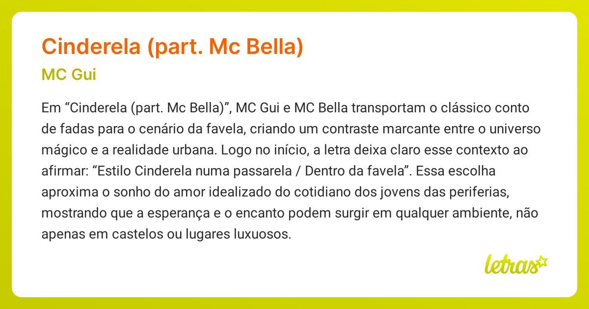 Significado da música CINDERELA (PART. MC BELLA) (MC Gui) - LETRAS.MUS.BR