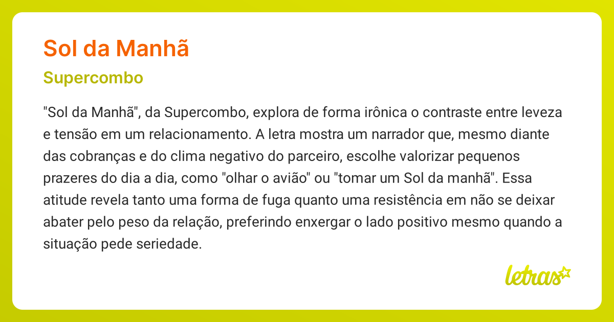 Significado da música SOL DA MANHÃ (Supercombo) - LETRAS.MUS.BR