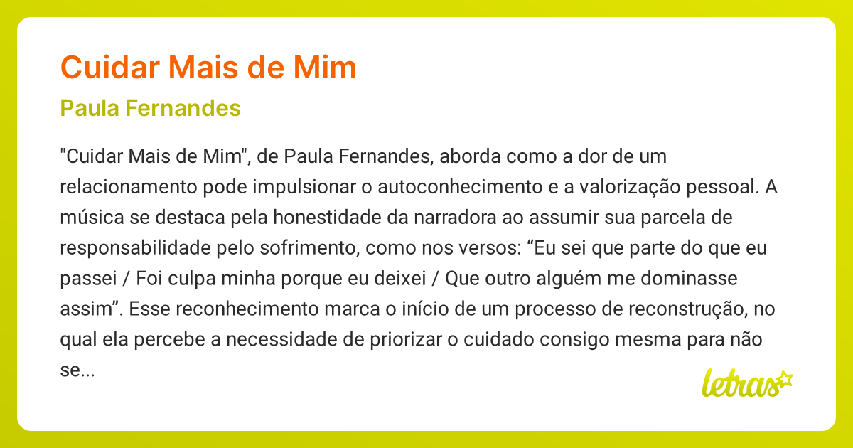 Significado da música CUIDAR MAIS DE MIM (Paula Fernandes) - LETRAS.MUS.BR