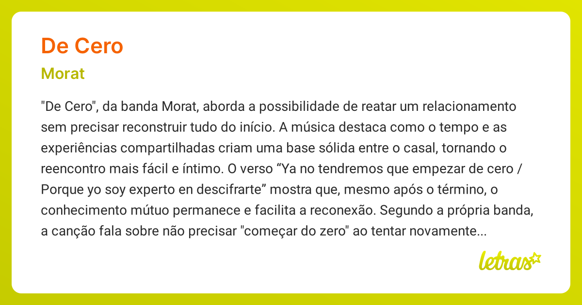 Significado da música DE CERO (Morat) - LETRAS.MUS.BR