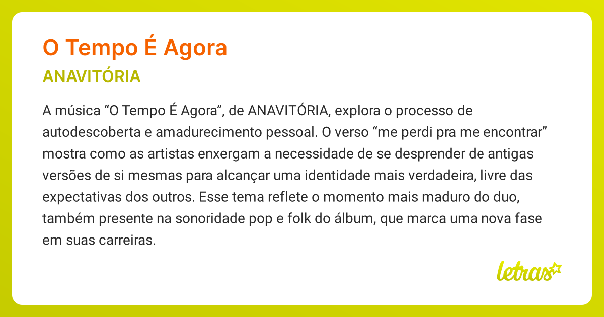 Significado da música O TEMPO É AGORA (ANAVITÓRIA) - LETRAS.MUS.BR