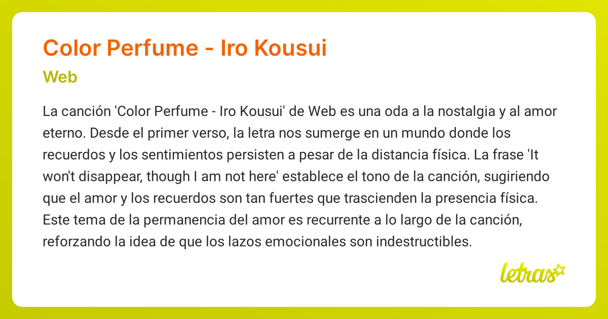 Significado de la canción COLOR PERFUME - IRO KOUSUI (Web) - LETRAS.COM