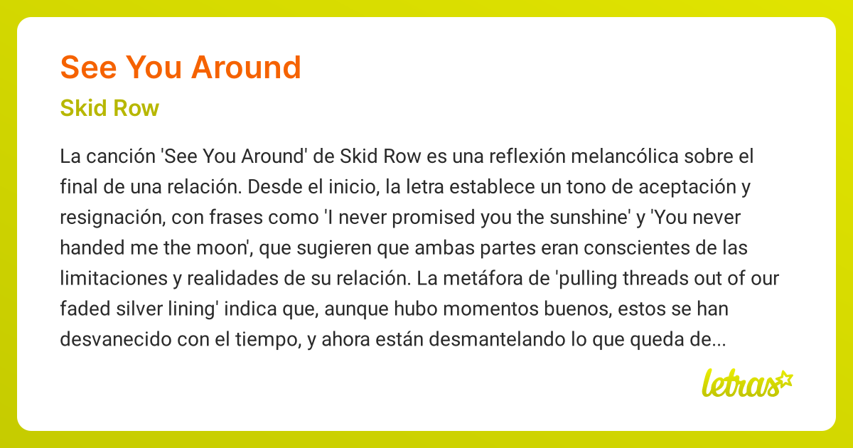 Significado de la canción SEE YOU AROUND (Skid Row) - LETRAS.COM