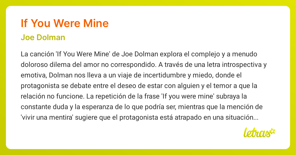 Significado de la canción IF YOU WERE MINE (Joe Dolman) - LETRAS.COM