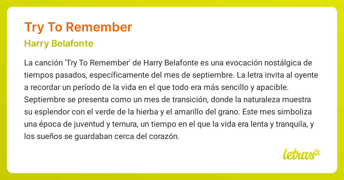 Significado de la canción TRY TO REMEMBER (Harry Belafonte) - LETRAS.COM