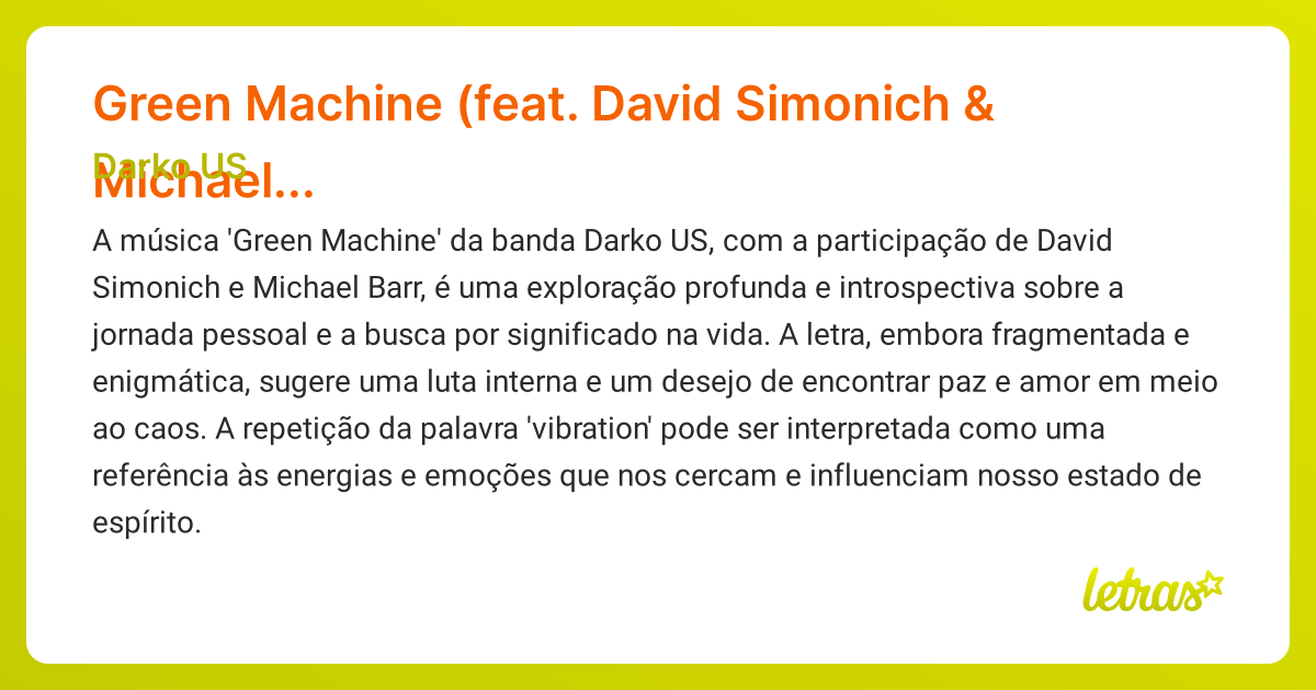 Significado da música Green Machine (feat. David Simonich & Michael ...