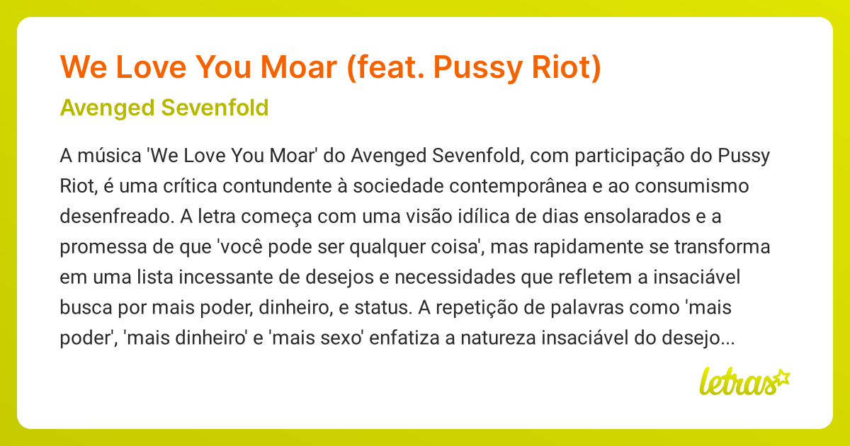 Significado da música We Love You Moar (feat. Pussy Riot) (Avenged ...