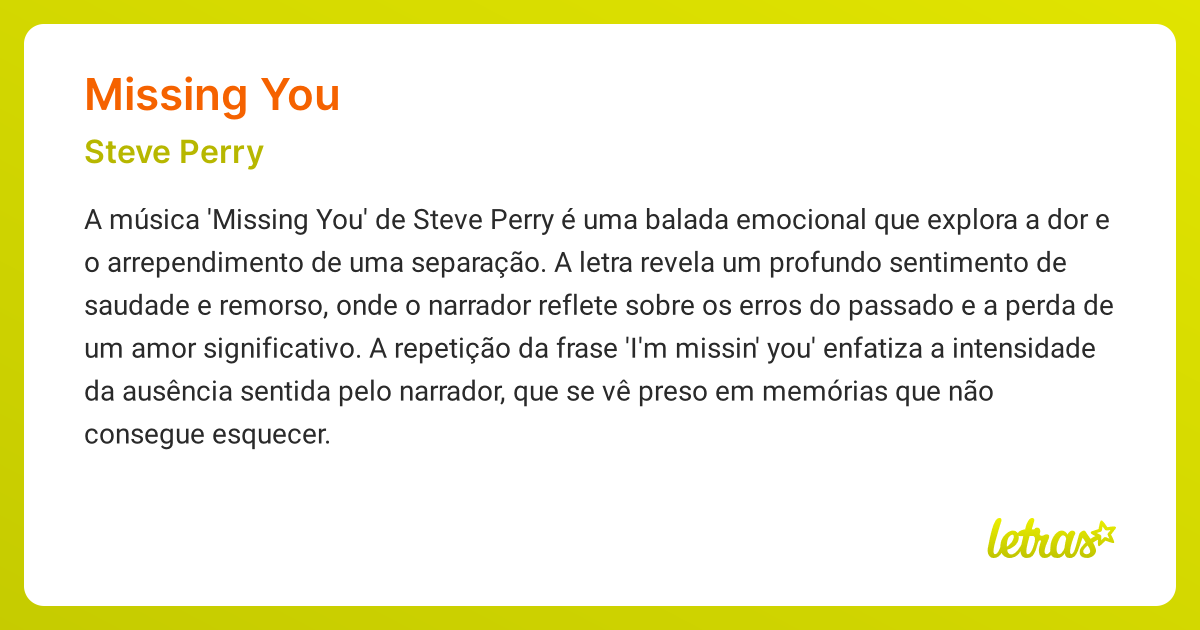 Significado da música MISSING YOU (Steve Perry) - LETRAS.MUS.BR