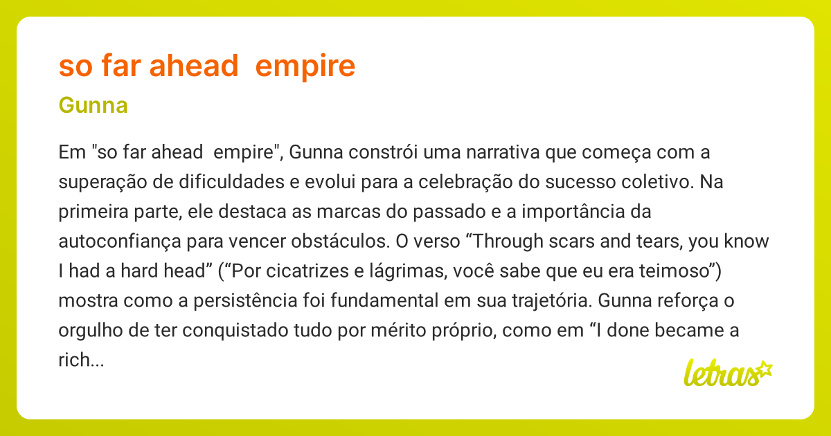 Significado da música SO FAR AHEAD ᐳ EMPIRE (Gunna) - LETRAS.MUS.BR