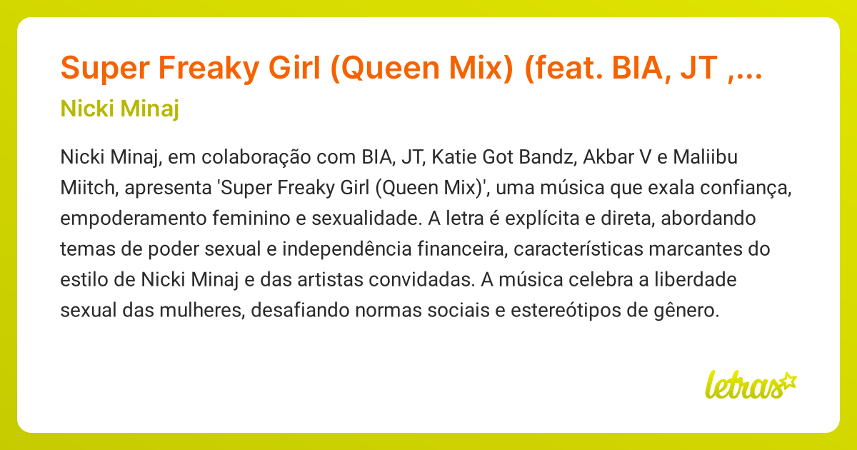 Significado da música Super Freaky Girl (Queen Mix) (feat. BIA, JT ...