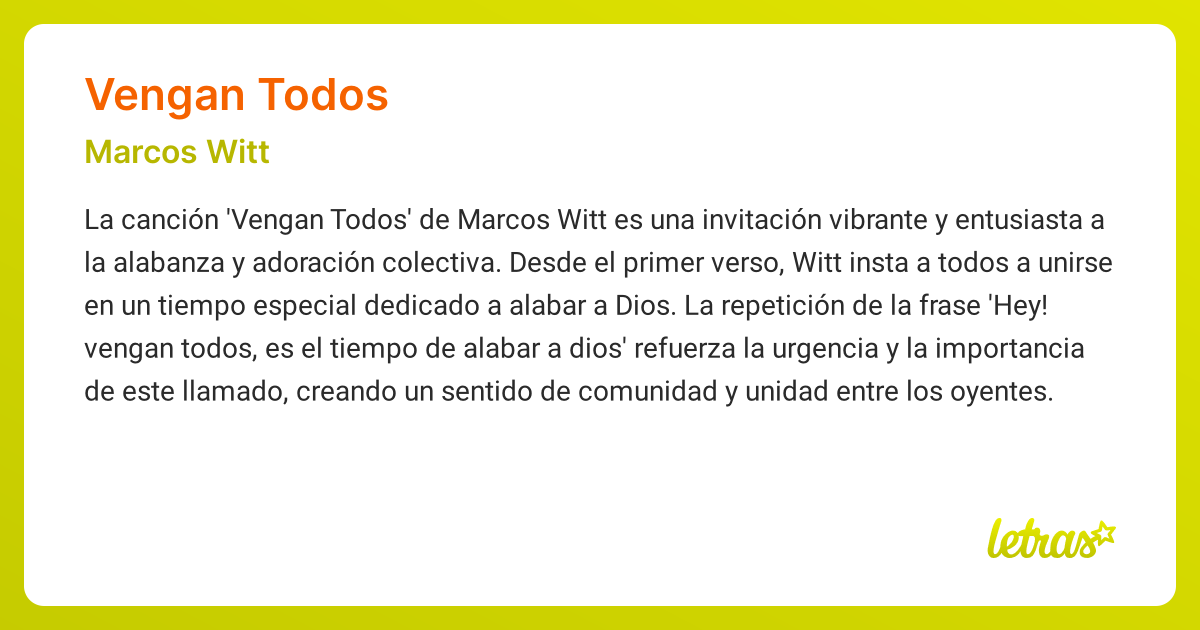 Significado de la canción VENGAN TODOS (Marcos Witt) - LETRAS.COM