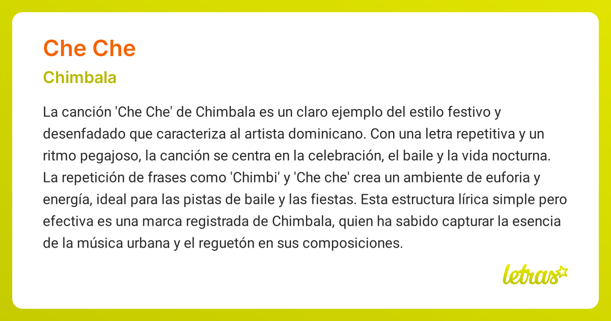 Significado de la canción CHE CHE (Chimbala) - LETRAS.COM