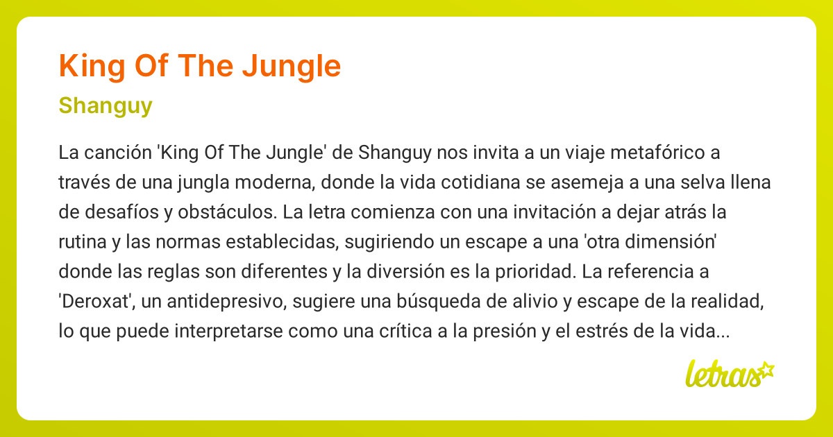 Significado de la canción KING OF THE JUNGLE (Shanguy) - LETRAS.COM