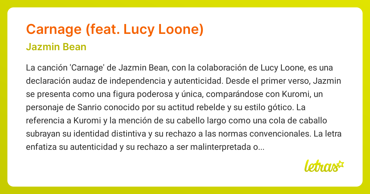 Significado de la canción CARNAGE (FEAT. LUCY LOONE) (Jazmin Bean ...