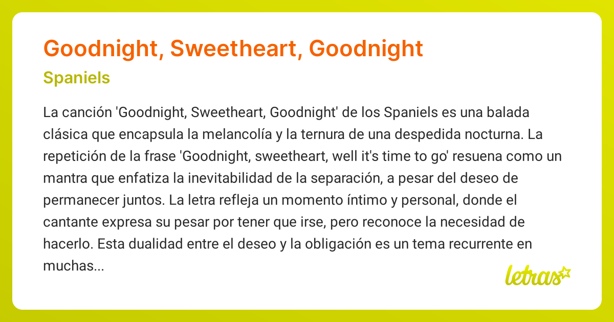 Significado de la canción Goodnight, Sweetheart, Goodnight (Spaniels ...