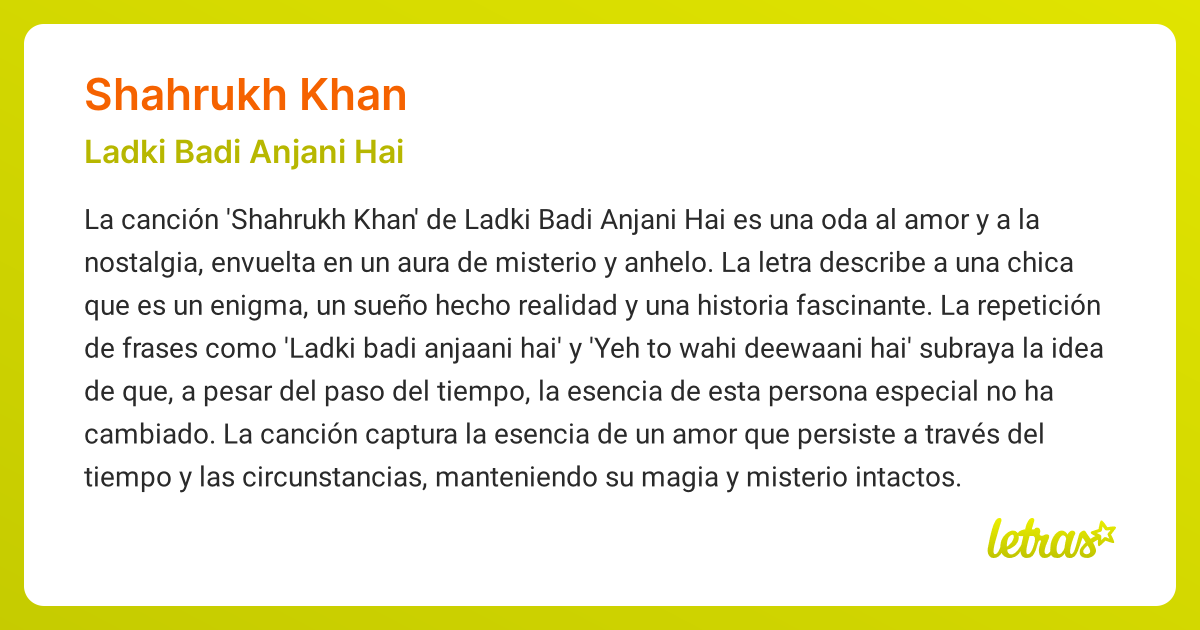 Significado de la canción SHAHRUKH KHAN (Ladki Badi Anjani Hai ...