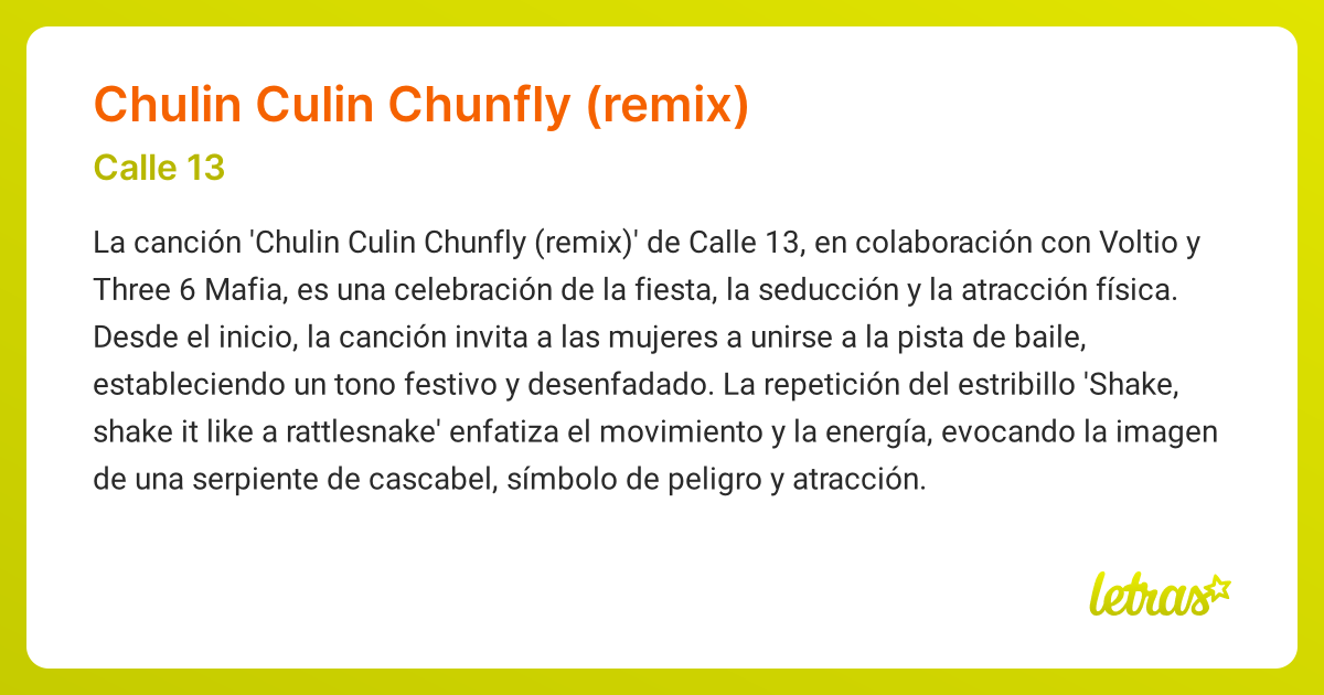Significado de la canción CHULIN CULIN CHUNFLY (REMIX) (Calle 13 ...