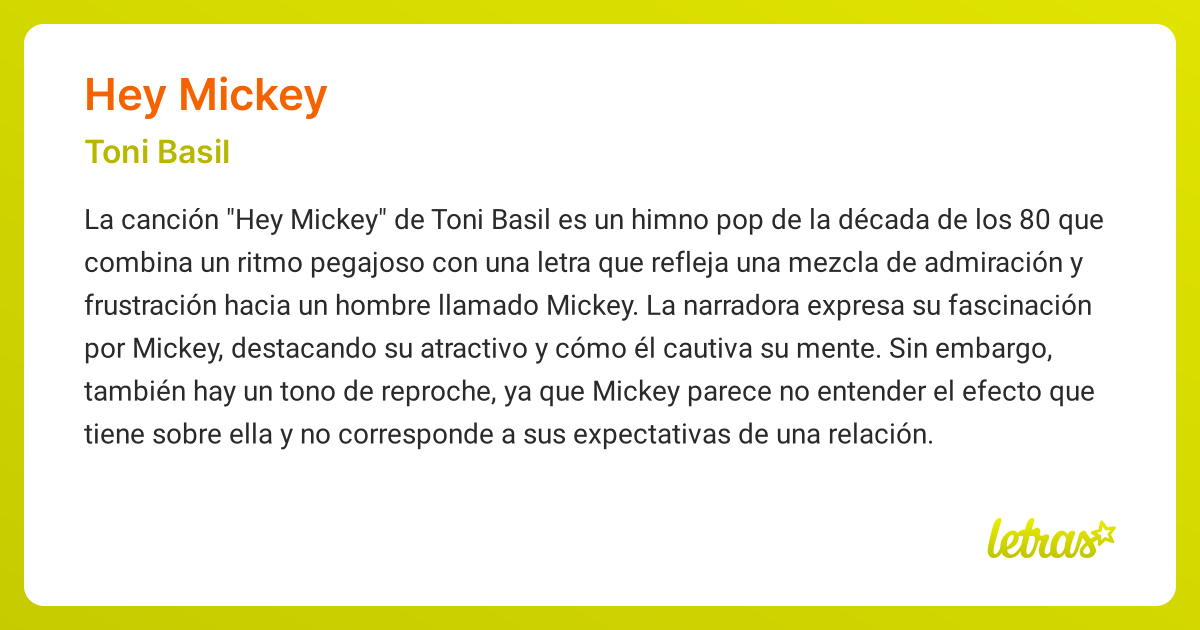 Significado de la canción HEY MICKEY (Toni Basil) - LETRAS.COM