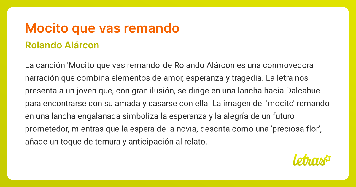 Significado de la canción MOCITO QUE VAS REMANDO (Rolando Alárcon ...