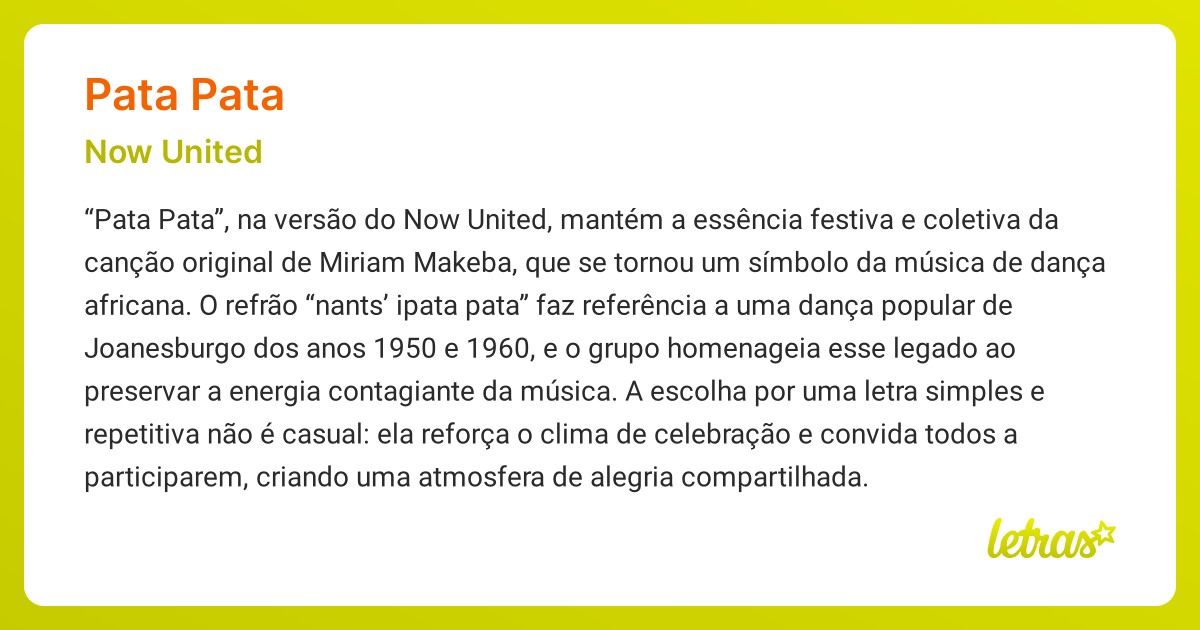 Significado da música PATA PATA (Now United) - LETRAS.MUS.BR