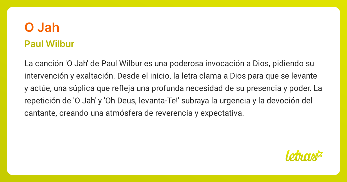 Significado de la canción O JAH (Paul Wilbur) - LETRAS.COM