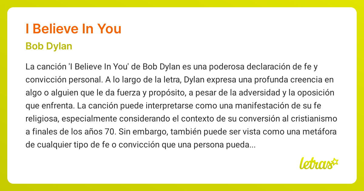 Significado de la canción I BELIEVE IN YOU (Bob Dylan) - LETRAS.COM