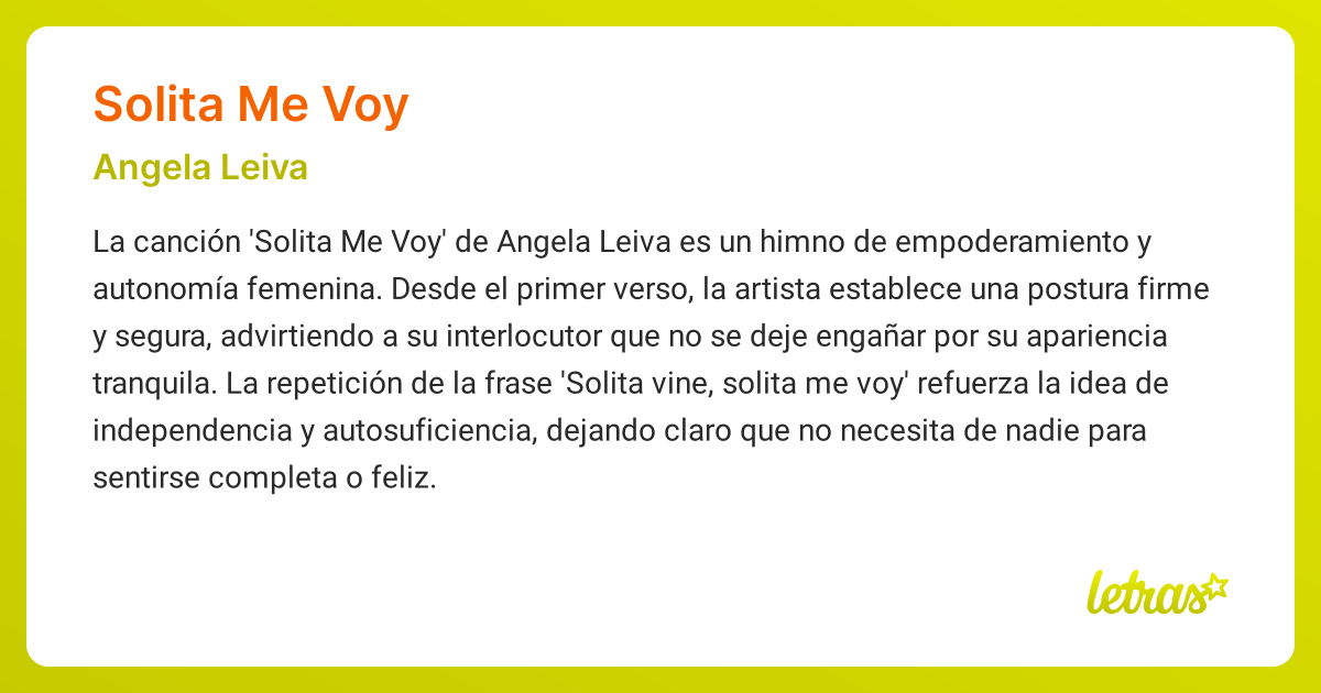 Significado de la canción SOLITA ME VOY (Ángela Leiva) - LETRAS.COM