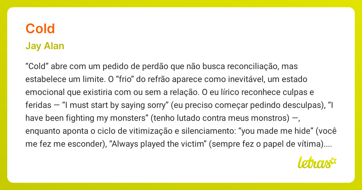 Significado da música COLD (Jay Alan) - LETRAS.MUS.BR