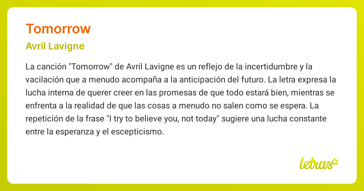 Significado de la canción TOMORROW (Avril Lavigne) - LETRAS.COM