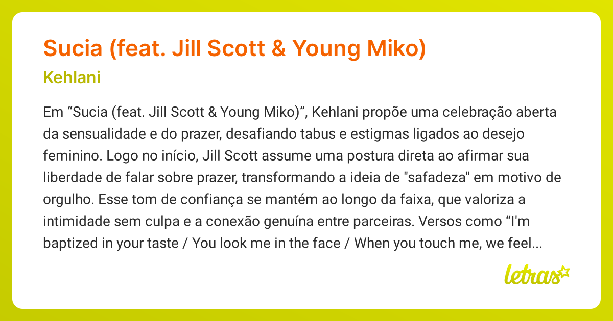 Significado da música Sucia (feat. Jill Scott & Young Miko) (Kehlani ...