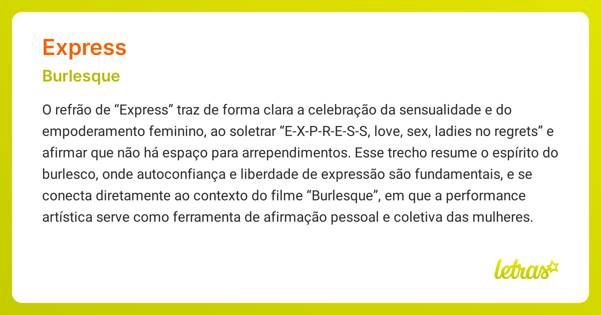 Significado da música EXPRESS (Burlesque) - LETRAS.MUS.BR