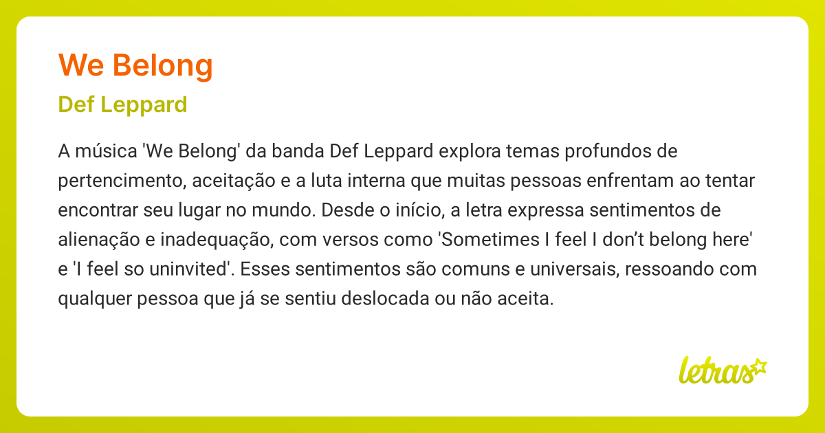 Significado da música WE BELONG (Def Leppard) - LETRAS.MUS.BR