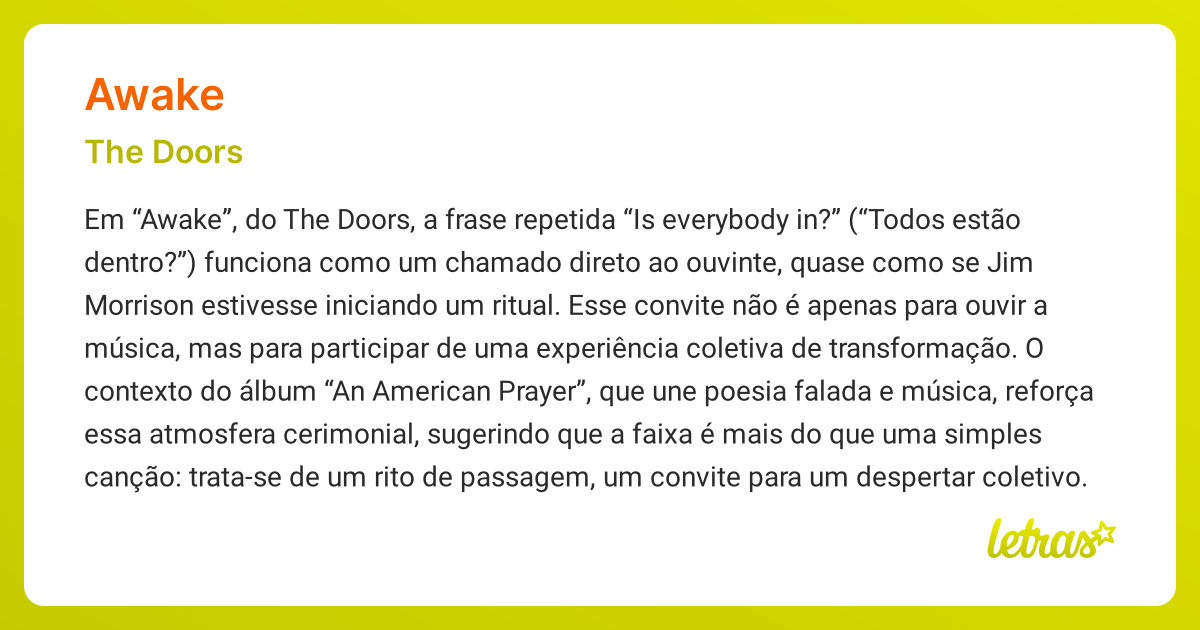 Significado da música AWAKE (The Doors) - LETRAS.MUS.BR