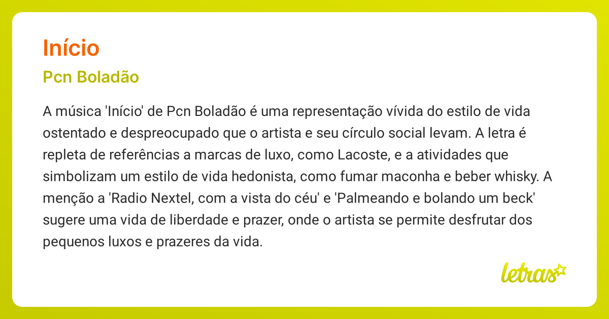 Significado da música INÍCIO (Pcn Boladão) - LETRAS.MUS.BR
