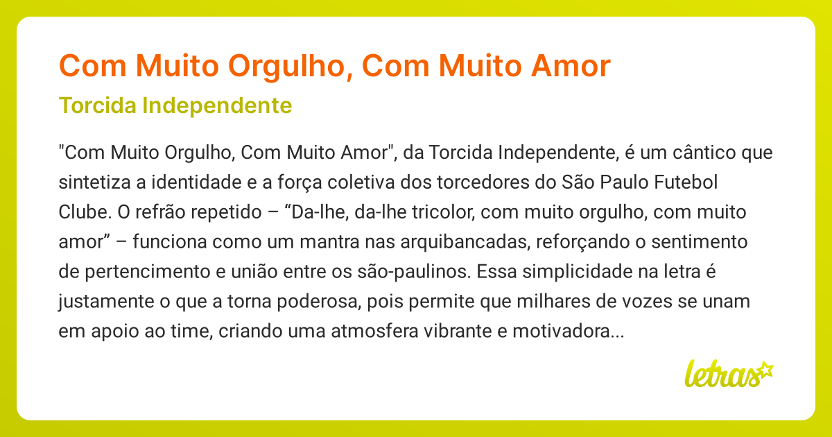 Significado da música Com Muito Orgulho, Com Muito Amor (Torcida ...