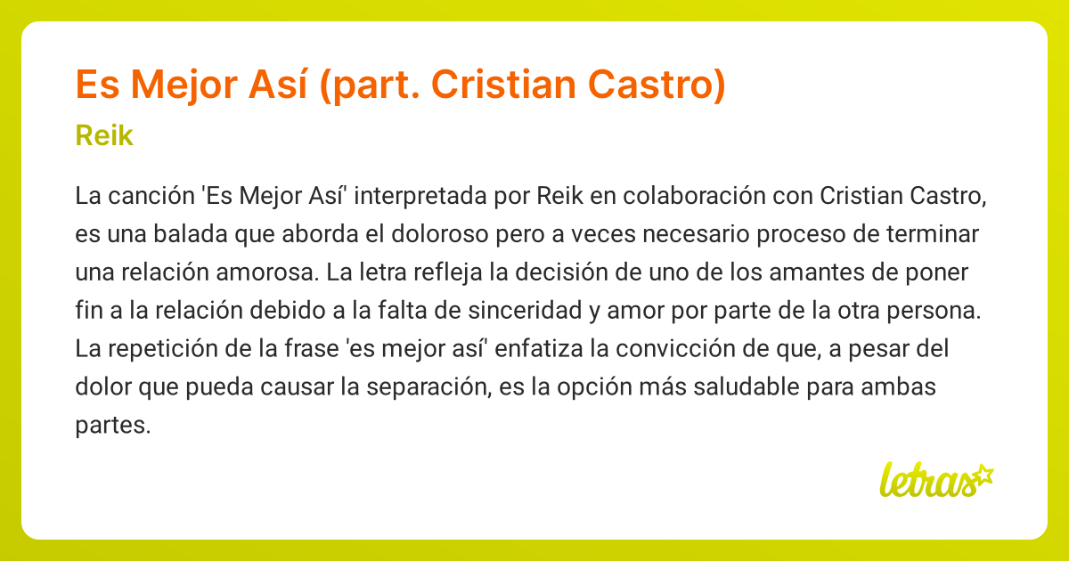 Significado de la canción Es Mejor Así (part. Cristian Castro) (Reik ...