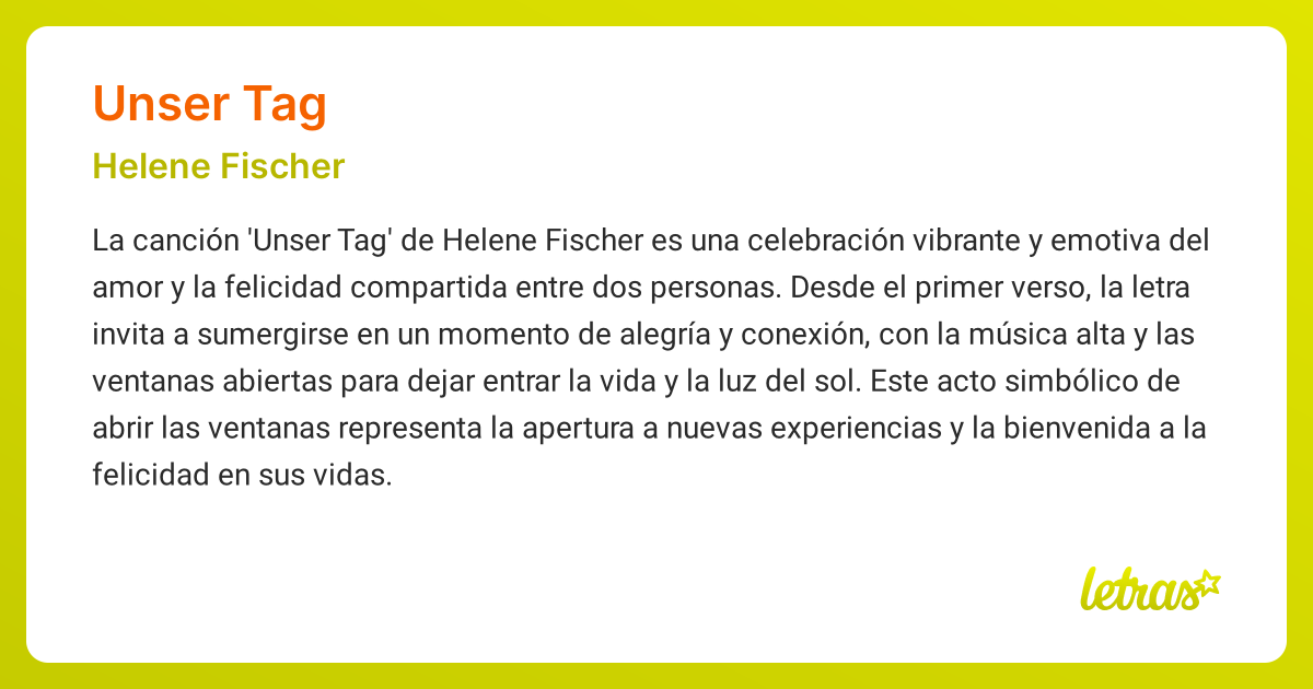 Significado de la canción UNSER TAG (Helene Fischer) - LETRAS.COM