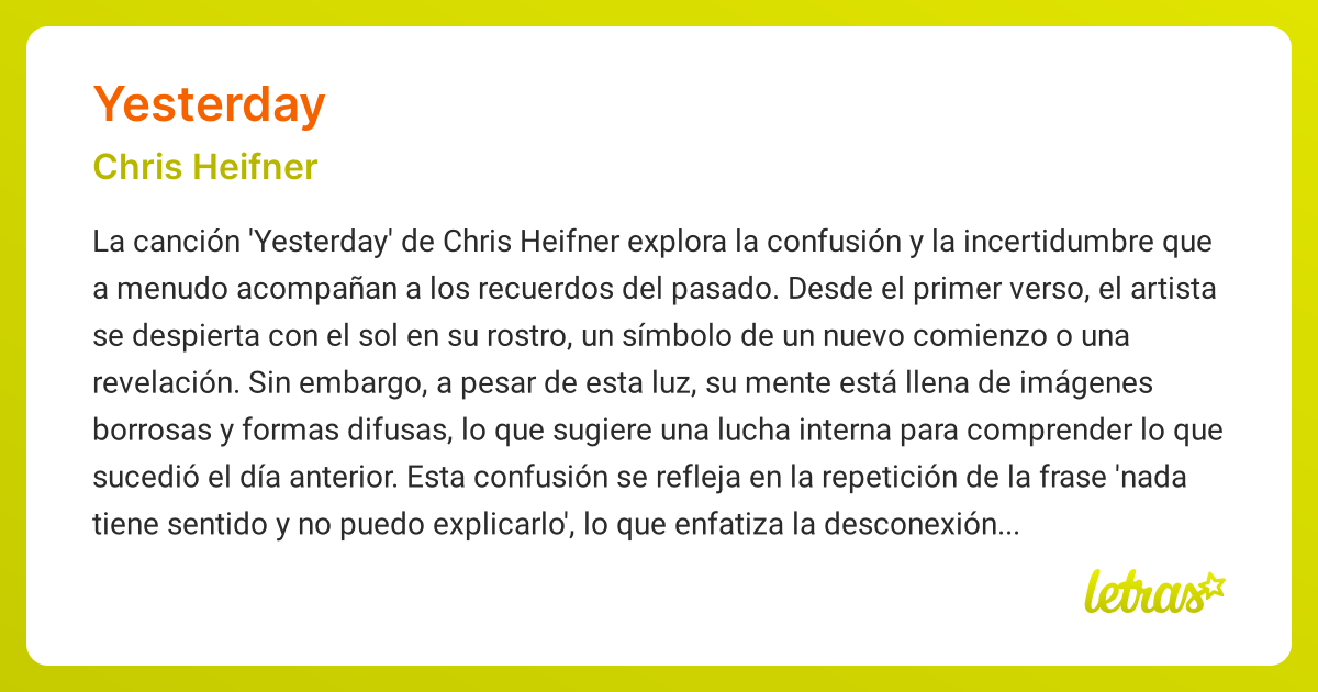 Significado de la canción YESTERDAY (Chris Heifner) - LETRAS.COM