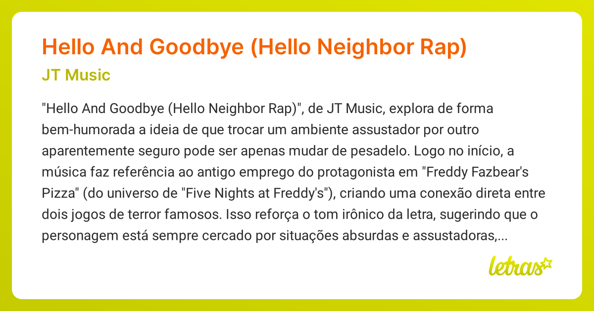 Significado da música Hello And Goodbye (Hello Neighbor Rap) (JT Music ...