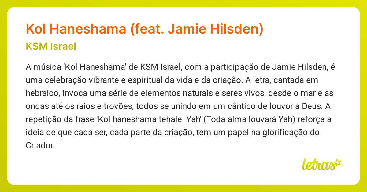 Significado da música Kol Haneshama (feat. Jamie Hilsden) (KSM Israel ...