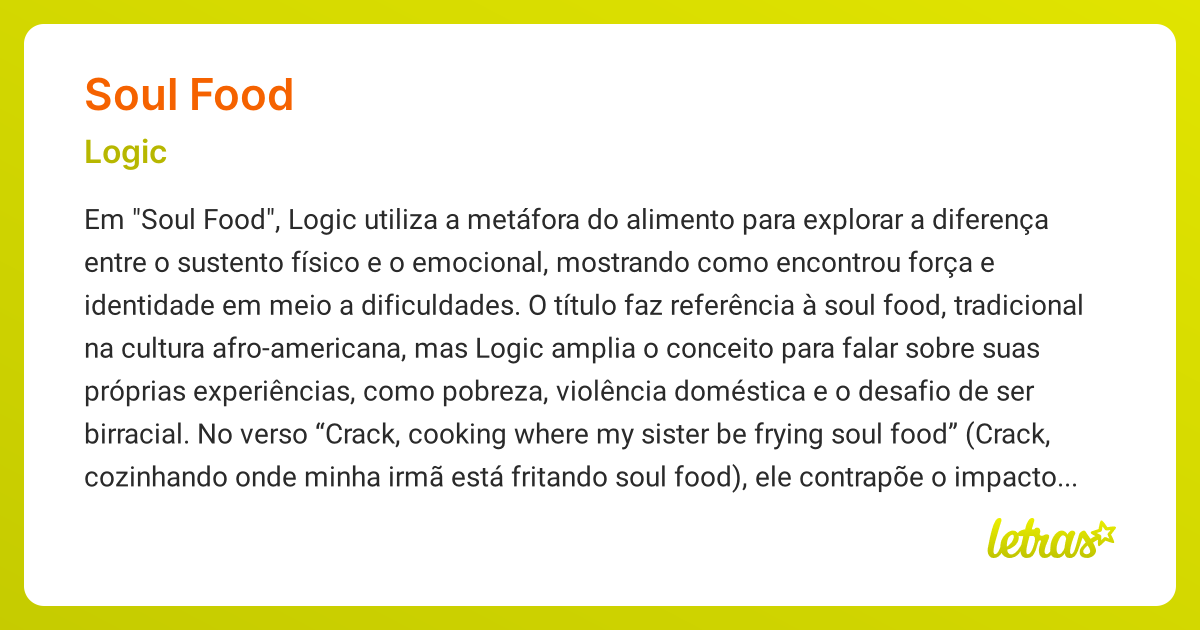 Significado da música SOUL FOOD (Logic) - LETRAS.MUS.BR