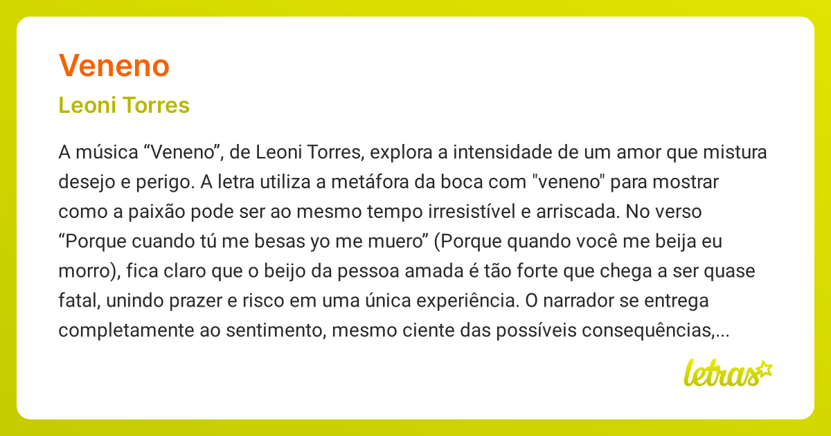 Significado da música VENENO (Leoni Torres) - LETRAS.MUS.BR