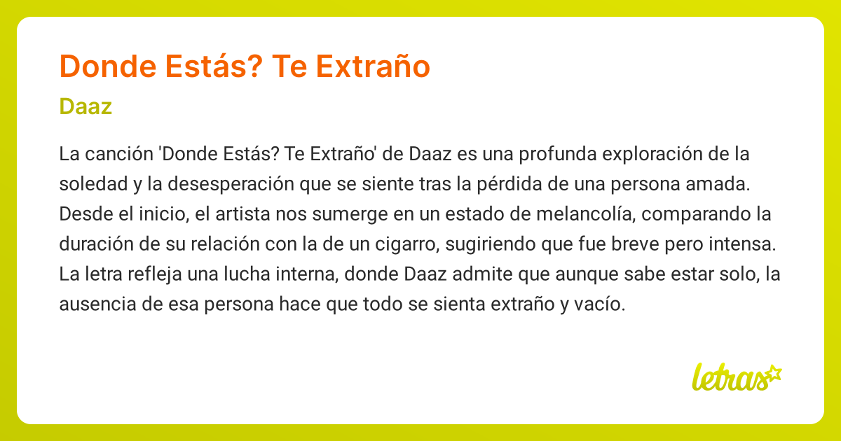 Significado de la canción DONDE ESTÁS? TE EXTRAÑO (Daaz) - LETRAS.COM