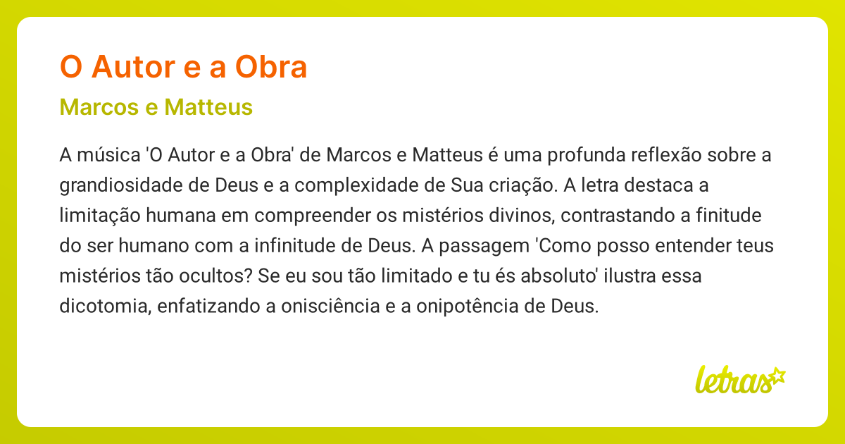 Significado da música O AUTOR E A OBRA (Marcos e Matteus) - LETRAS.MUS.BR