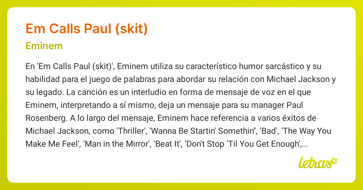 Significado de la canción EM CALLS PAUL (SKIT) (Eminem) - LETRAS.COM
