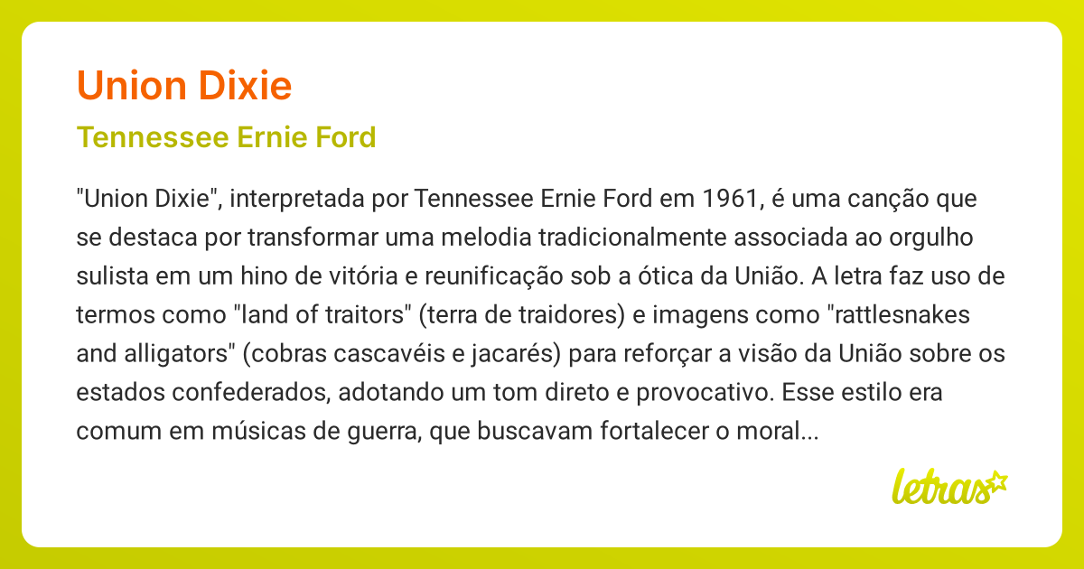 Significado da música UNION DIXIE (Tennessee Ernie Ford) - LETRAS.MUS.BR
