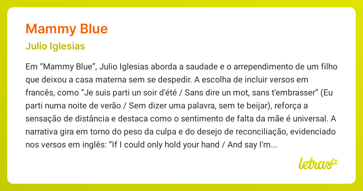 Significado da música MAMMY BLUE (Julio Iglesias) - LETRAS.MUS.BR