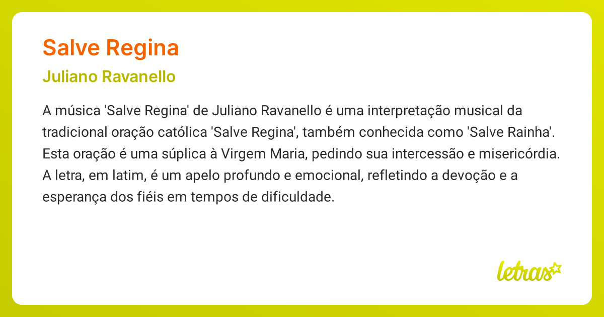 Significado da música SALVE REGINA (Juliano Ravanello) - LETRAS.MUS.BR