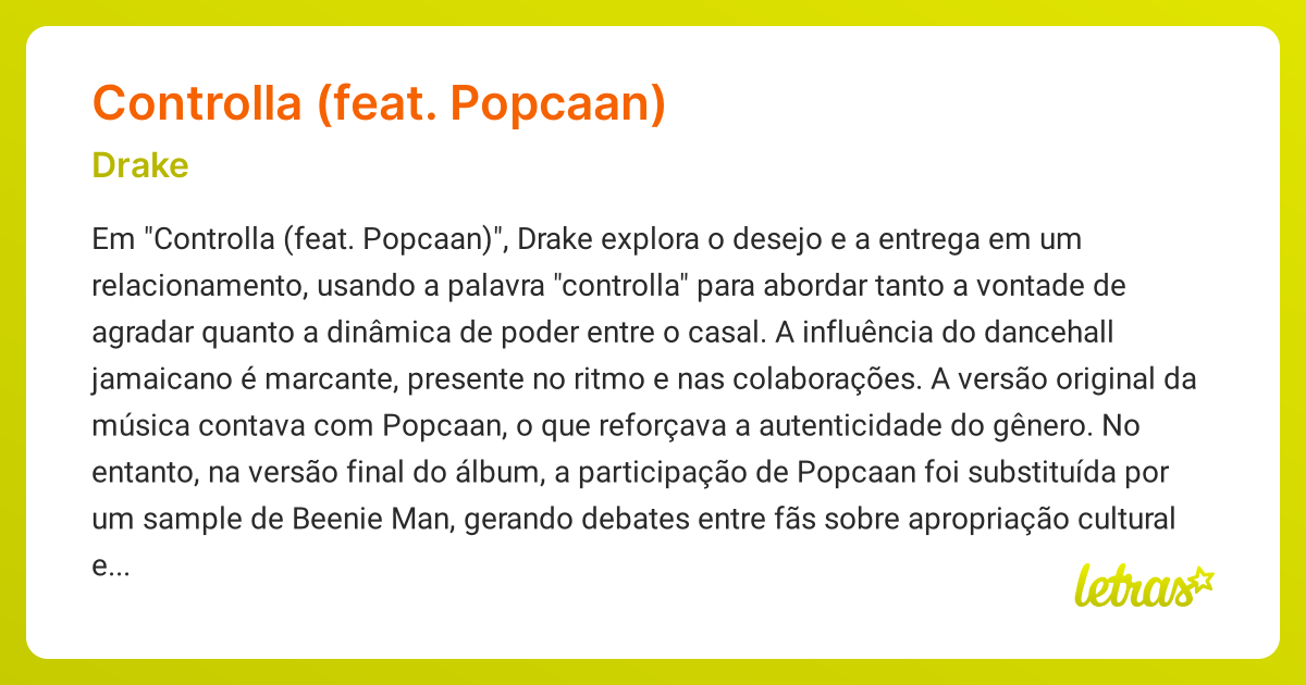 Significado da música CONTROLLA (FEAT. POPCAAN) (Drake) - LETRAS.MUS.BR